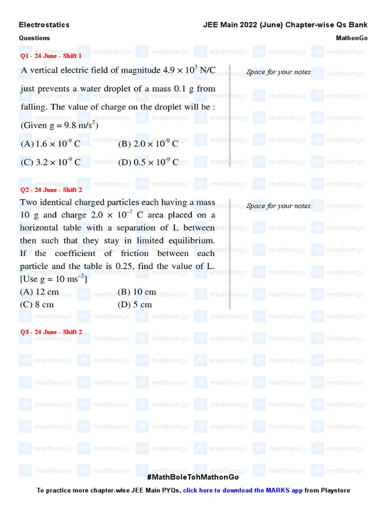 Electrostatics - JEE Main 2022 Chapter Wise Questions | PDF