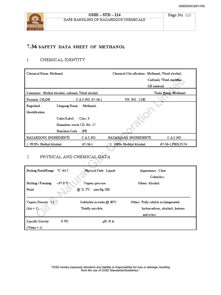 Methanol Datasheet | Download Free PDF | Methanol | Ethanol