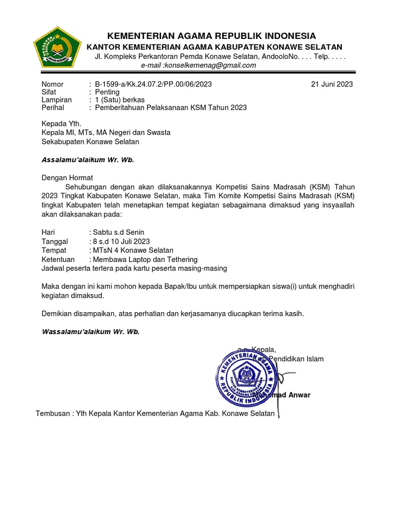 Surat Pemberitahuan Tempat Pelaksanaan KSM Tahun 2023 | PDF