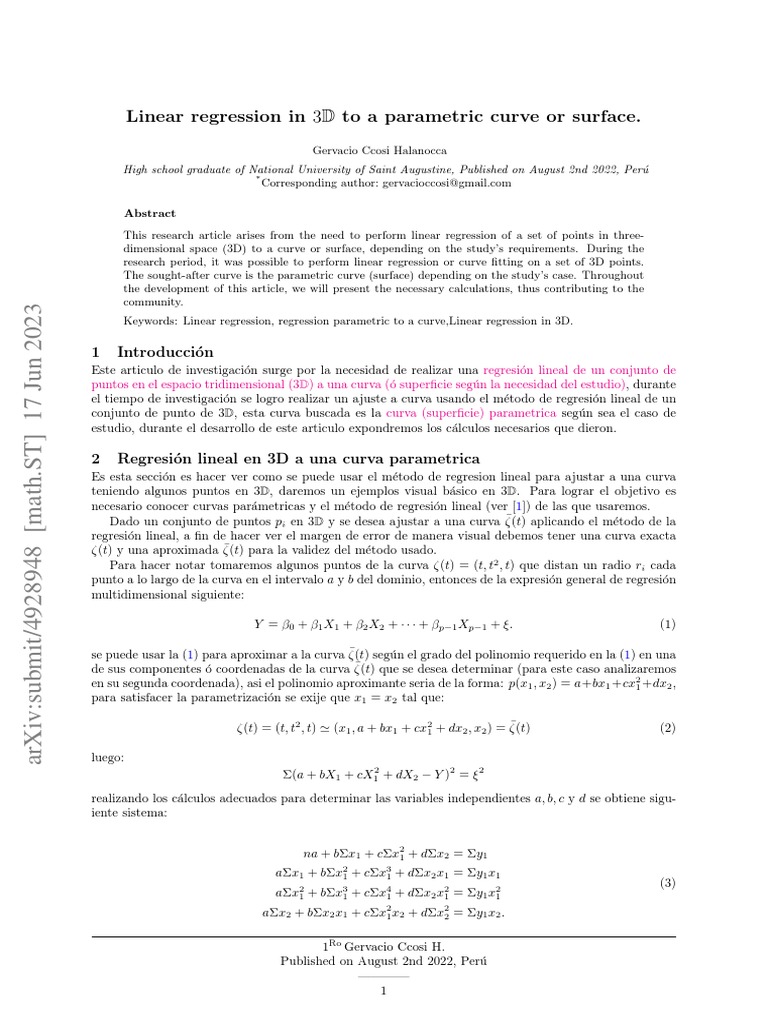 Linear regression in 3D to a parametric curve or surface. | PDF ...