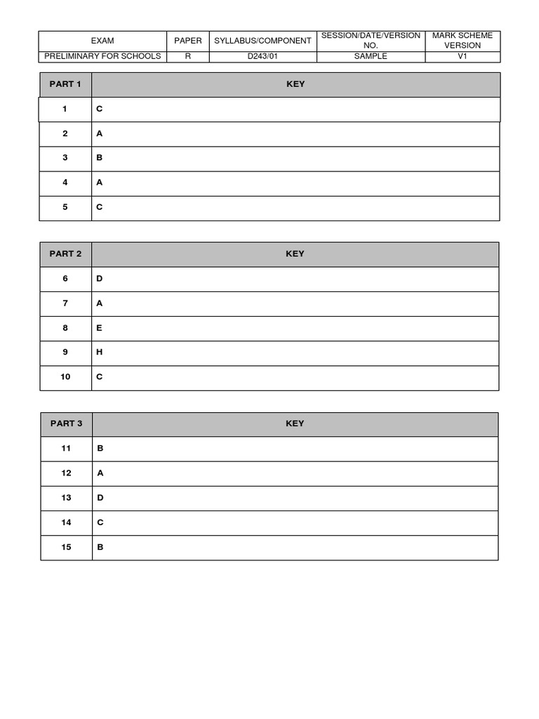B1 Preliminary Schools 2020 Sample Tests Reading - Answers | PDF