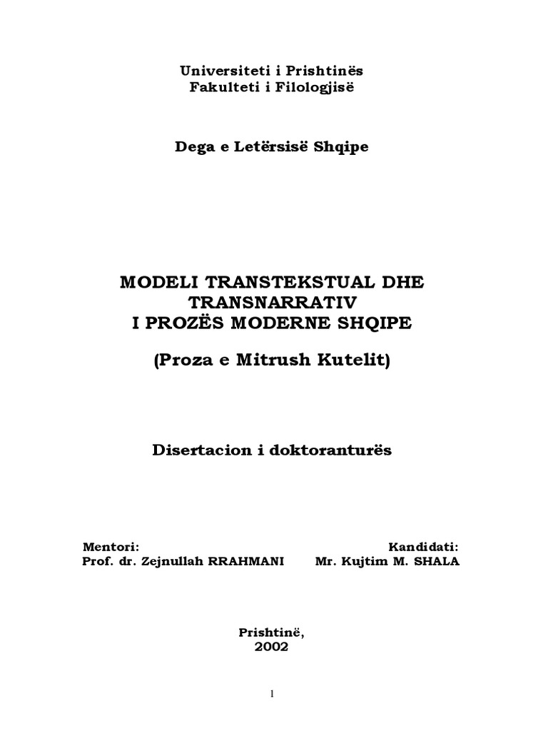 Kujtm M. SHALA - Modeli Transtekstual Dhe Transnarrativ I Prozës ...
