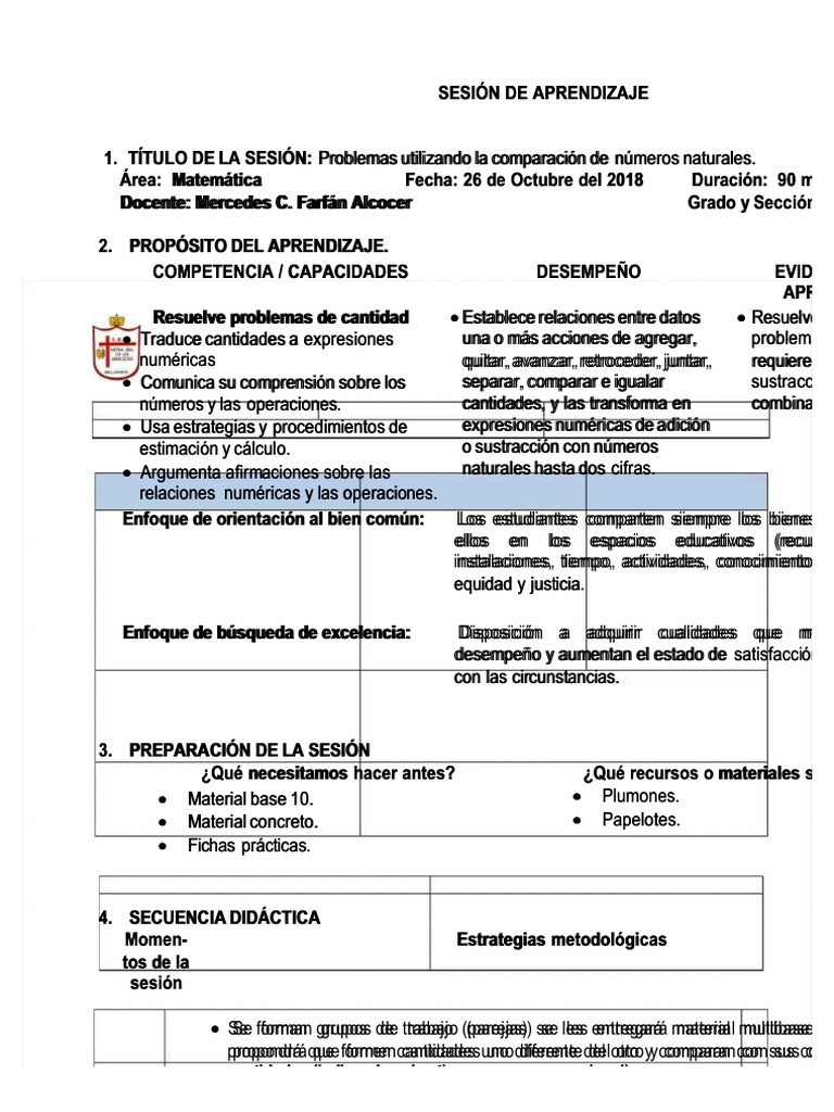PDF Sesion de Aprendizaje Matematicas Comparacion de Numeros Compress - Compress | PDF | Ciencia ...