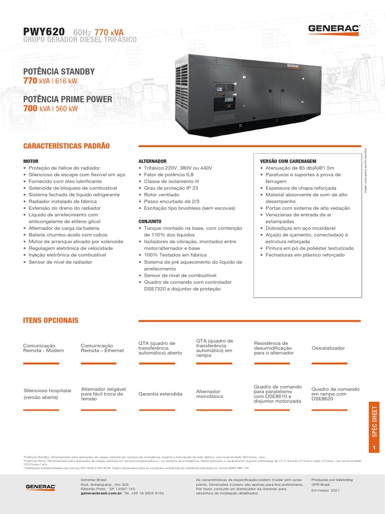 Data Sheet Generac PWY620 V.2020 | PDF | Potência (Física) | Eletricidade