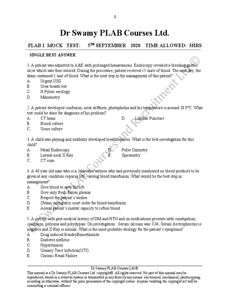 5TH September 2020 Plab 1 Mock | PDF | Electroencephalography | Meningitis