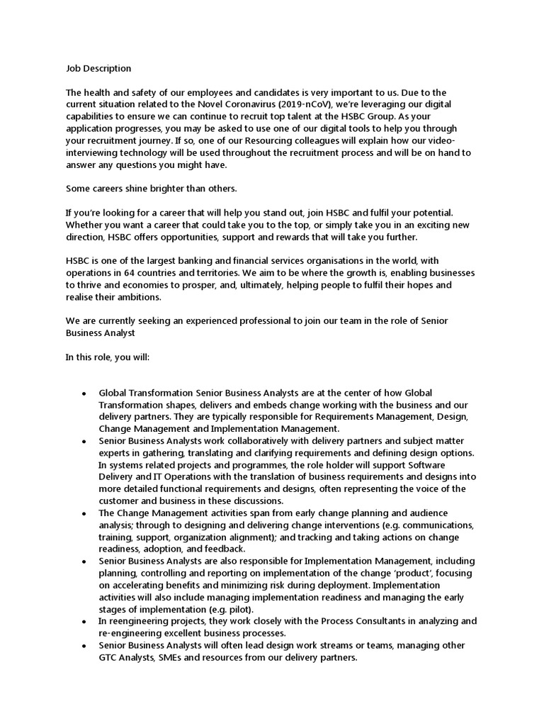 Job Description - BA - HSBC | Download Free PDF | Strategic Management ...