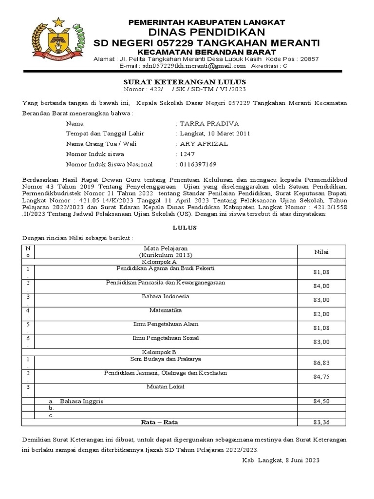 Surat Keterangan Lulus SD 2023 | PDF