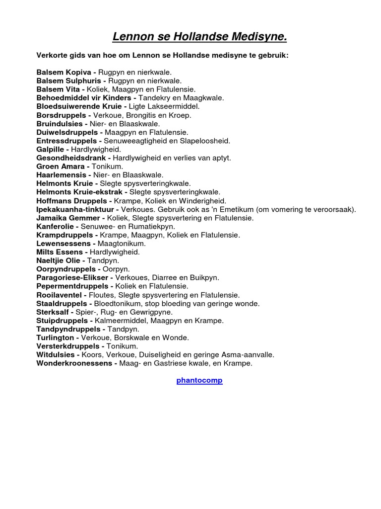 Lennon Se Hollandse Medisyne | PDF