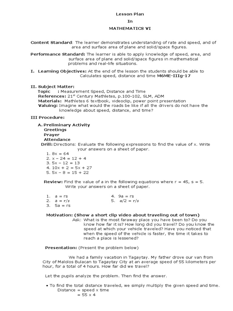 Math-6 Demo-LP | PDF | Speed | Distance