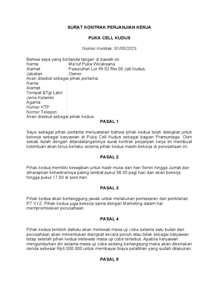 Surat Kontrak Perjanjian Kerja Puka Cell | PDF