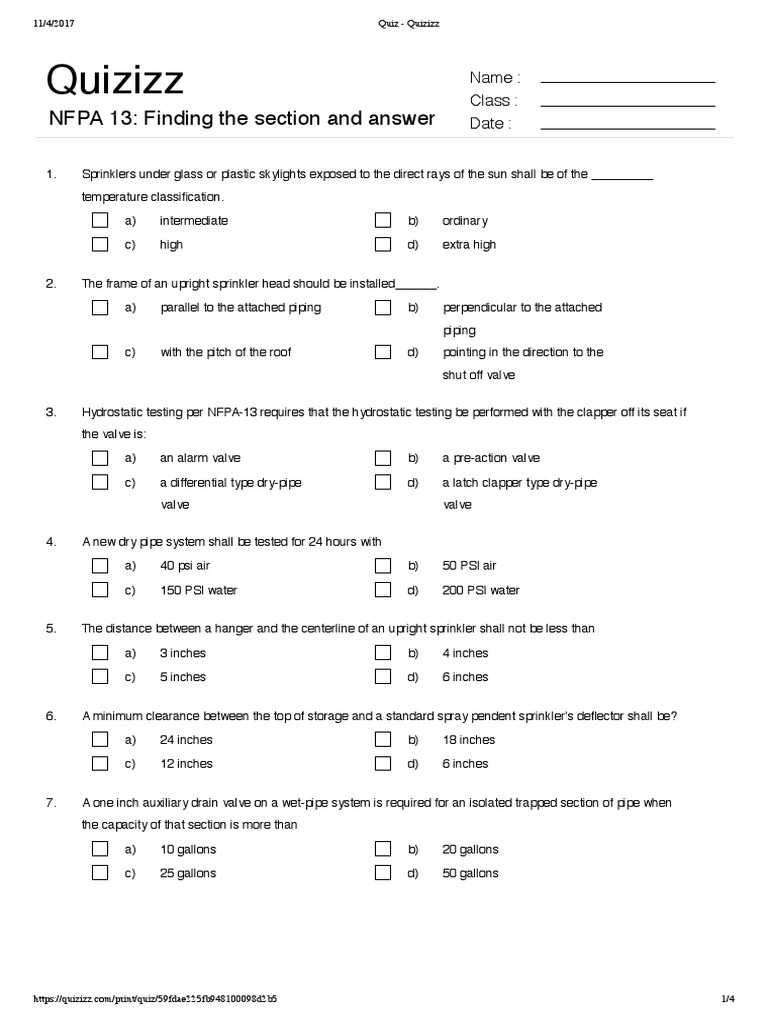 Quiz - Quizizz Nfpa 13 | PDF | Fire Sprinkler System | Building Engineering