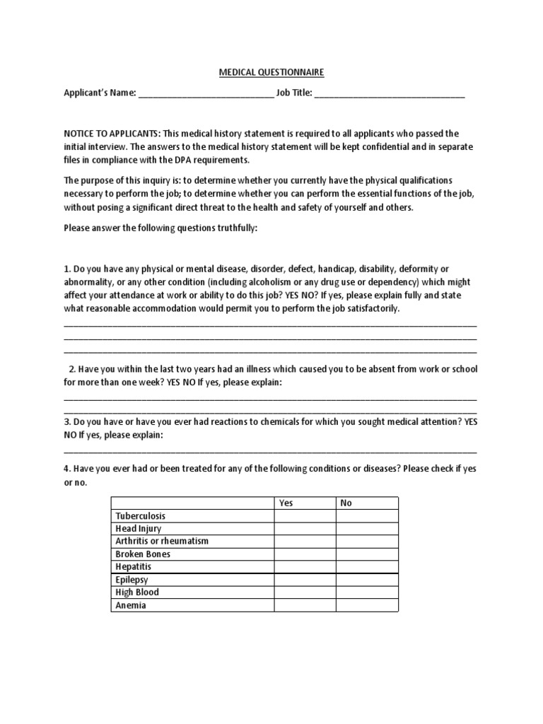 Medical Questionnaire - Template | PDF | Disability | Clinical Medicine