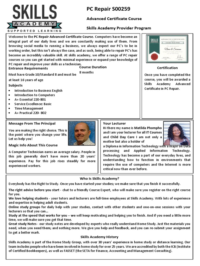PC Repair Advanced Certificate Course Fact Sheet | PDF | Personal ...