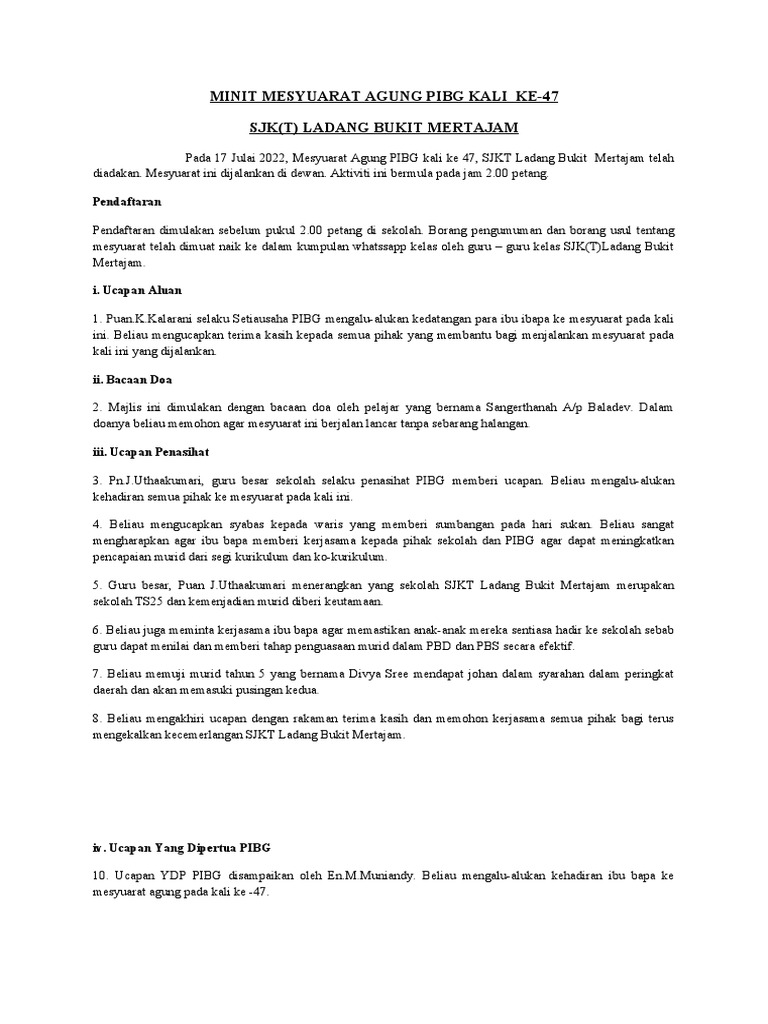 MINIT MESYUARAT PIBG Kali Ke 47-Tahun 2022 | PDF