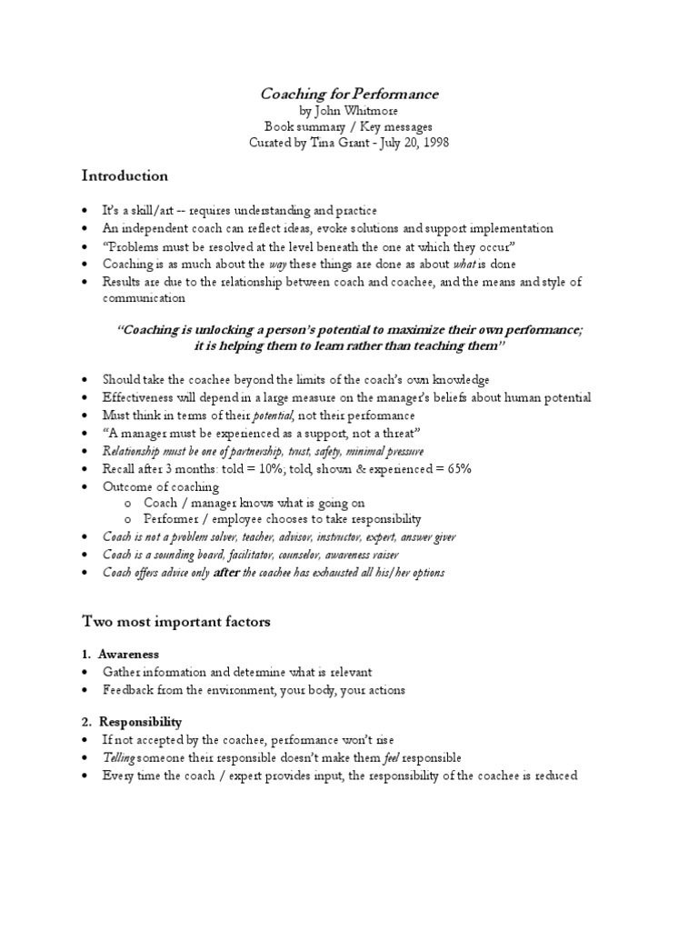Coaching For Performance Book Summary Pdf Goal Setting Reason