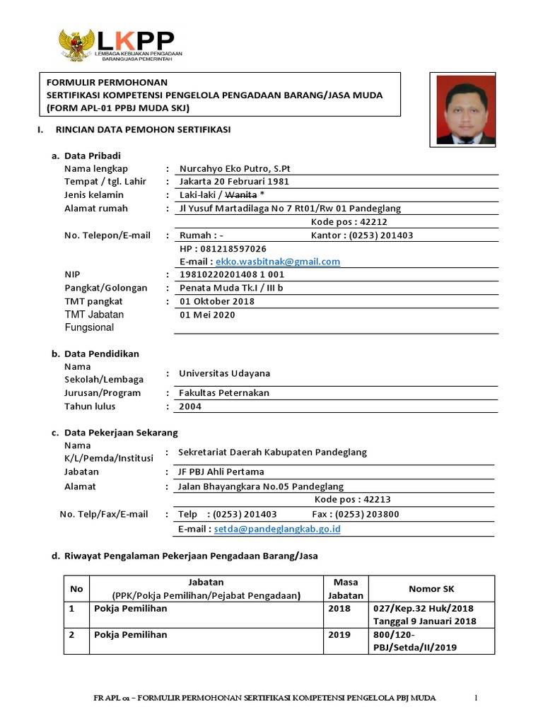 FORM APL 01-PPBJ MUDA - SKJ - Nurcahyo Eko | PDF
