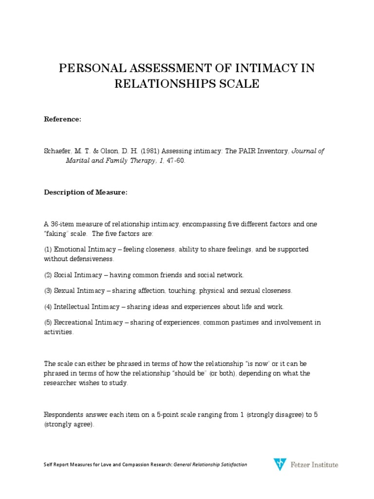 Self Measures For General Relationship Satisfaction INTIMACY | PDF ...