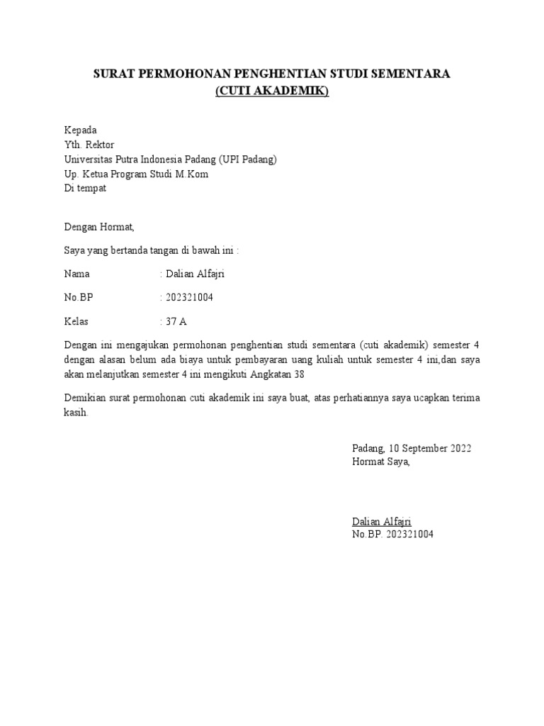 Surat Permohonan Cuti Akademik | PDF