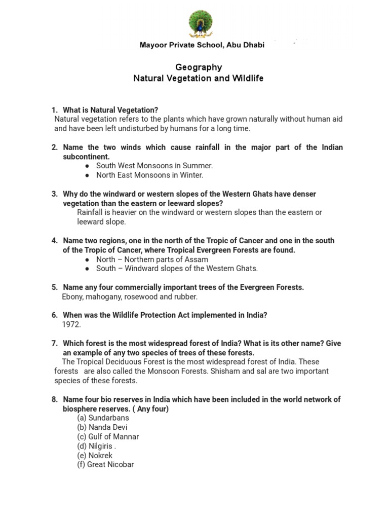 Natural Vegetation and Wildlife - Notes | PDF | Forests | Trees