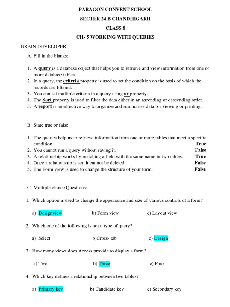 Class 8 CH 5 Working With Queries | PDF | Databases | Microsoft Access