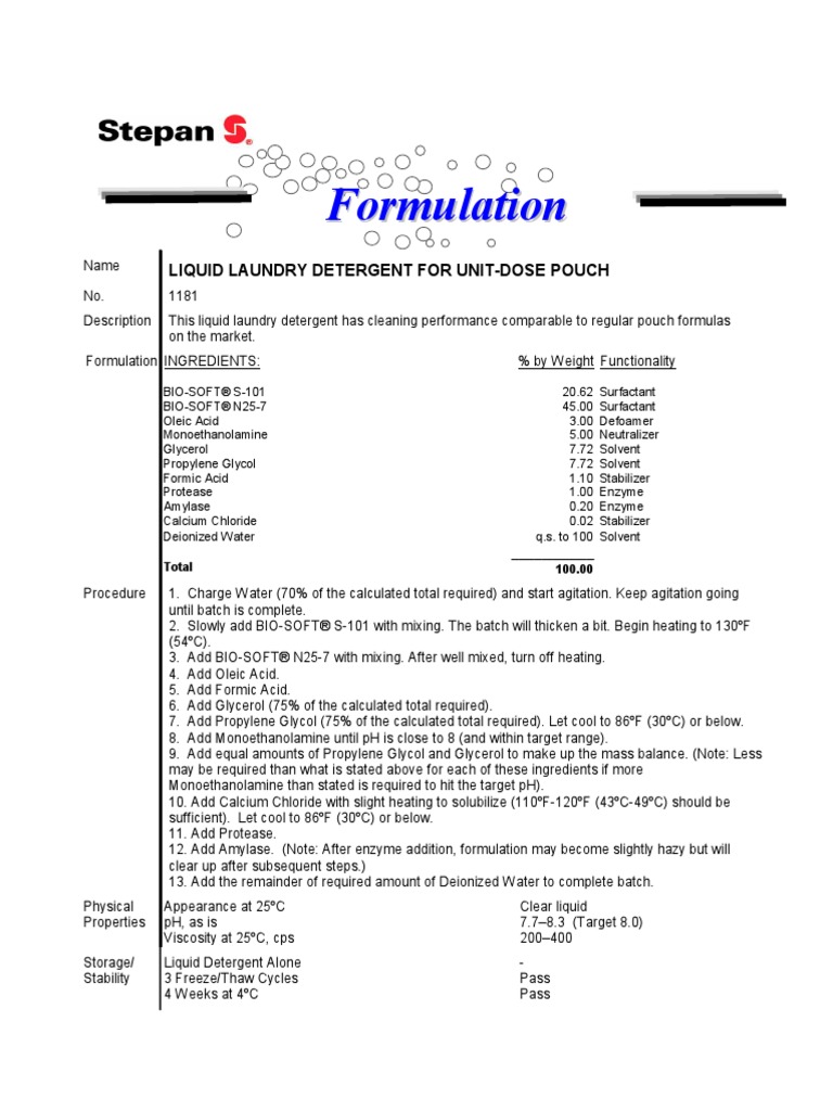 Stepan Formulation 1181 | PDF | Liquids | Glycerol