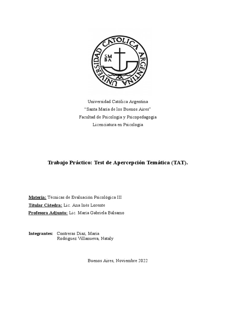 Trabajo Práctico: Test de Apercepción Temática (TAT) | PDF | Sicología