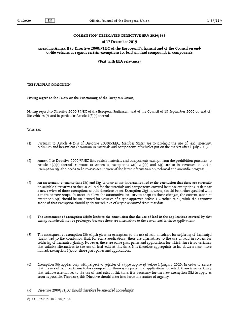 EU Directive on Lead Exemptions in Vehicles | PDF | Directive (European ...