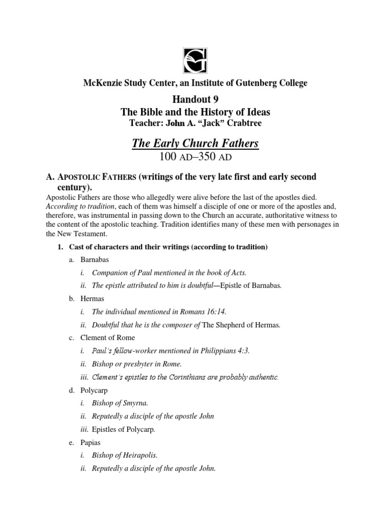 HistId - Handout 9 - Early Church Fathers | PDF | New Testament | Faith