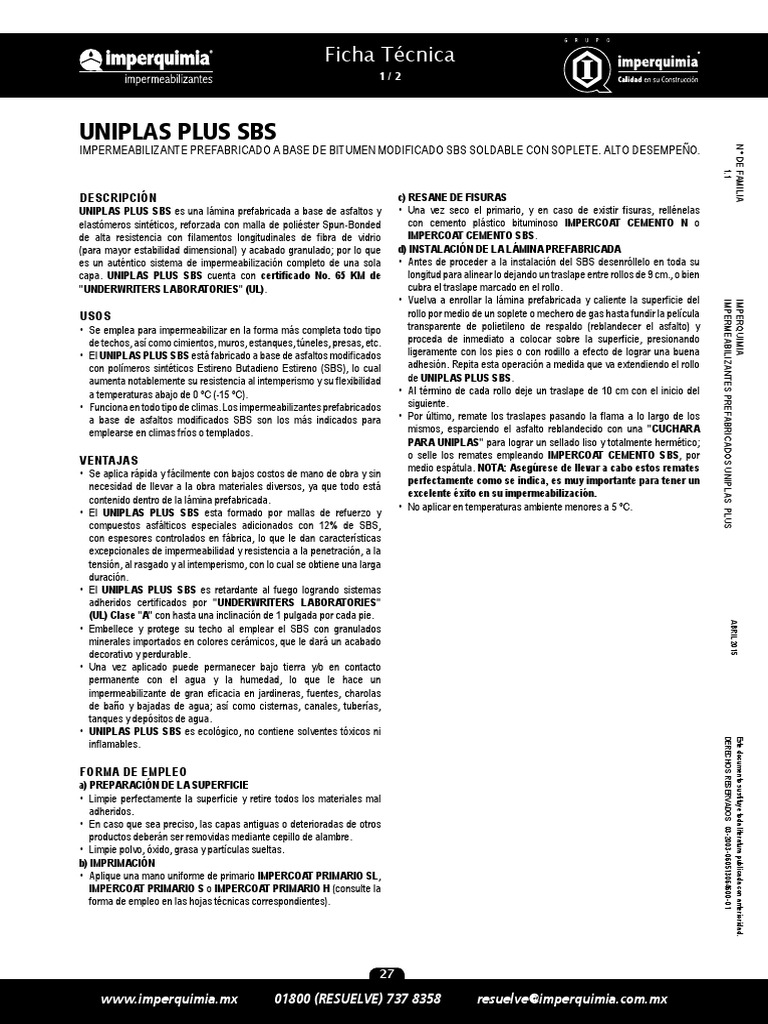 Uniplas Plus SBS | PDF | Materiales de construcción | Ciencia de los ...