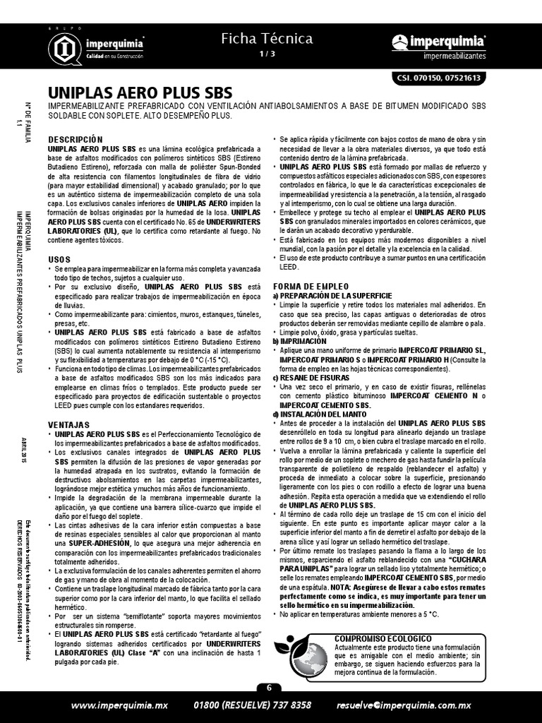 Uniplas Aero Plus SBS | Descargar gratis PDF | Residuos | Cemento