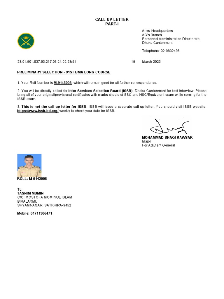 Call Up Letter | PDF