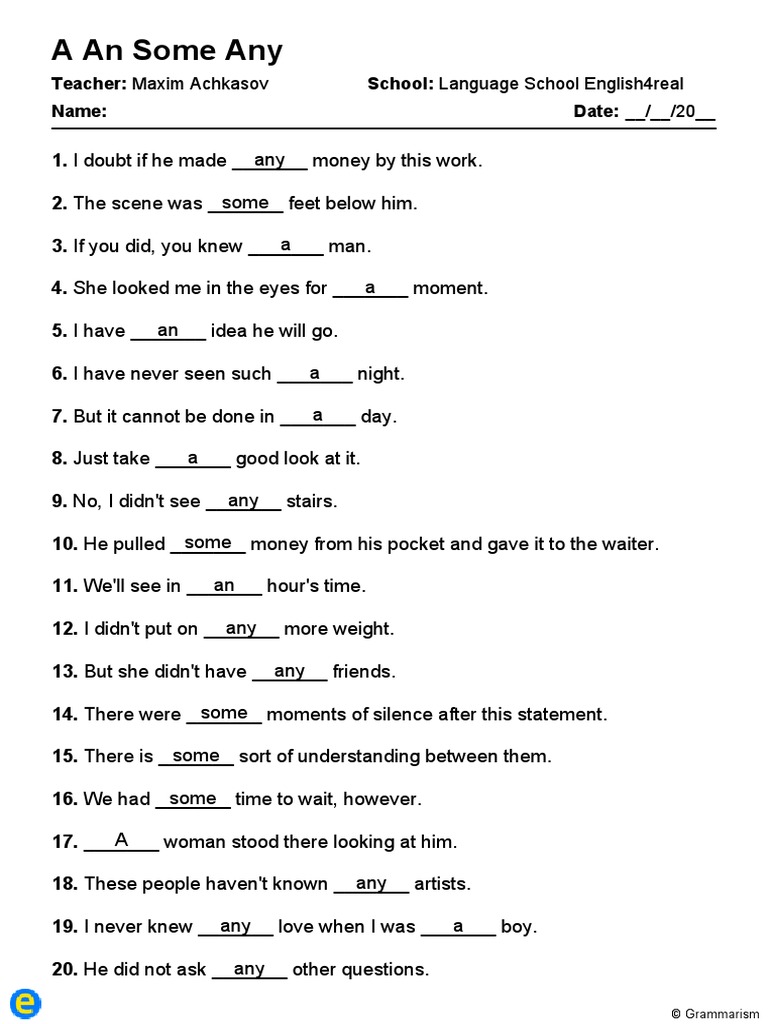 Grammar Exercises: A, An, Some, Any | PDF | Art
