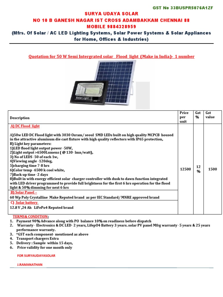 Quotation For 50 W Semi Intergrated Solar Flood Light Make in India ...