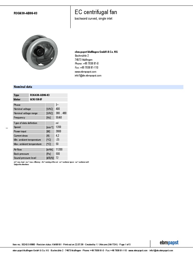 EC Centrifugal Fan: R3G630-AB06-03 | PDF | Electric Motor | Alternating ...