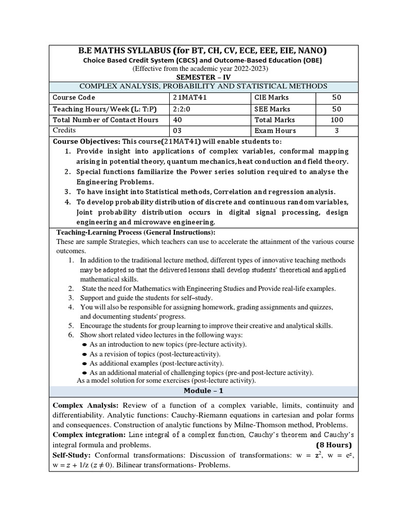 21MAT41 Fourth Sem Maths Syllabus Commomn To All Except CS and ME Allied Branches | PDF ...