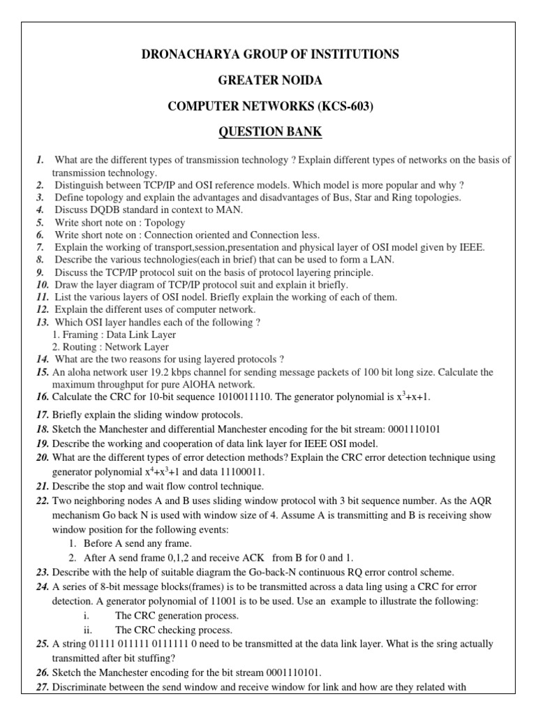 CN Question Bank | PDF | Computer Network | Transmission Control Protocol
