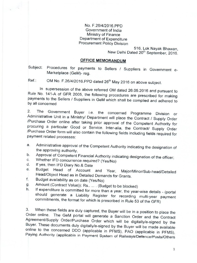 GeM - Payment - Procedure Order - 20sept2016 | PDF