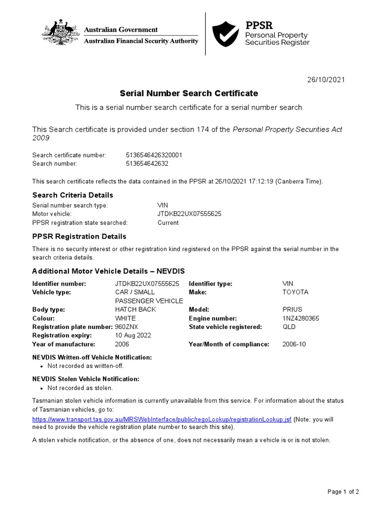 PPSR-Search-Certificate-5136546426320001 | PDF | Vehicles | Data
