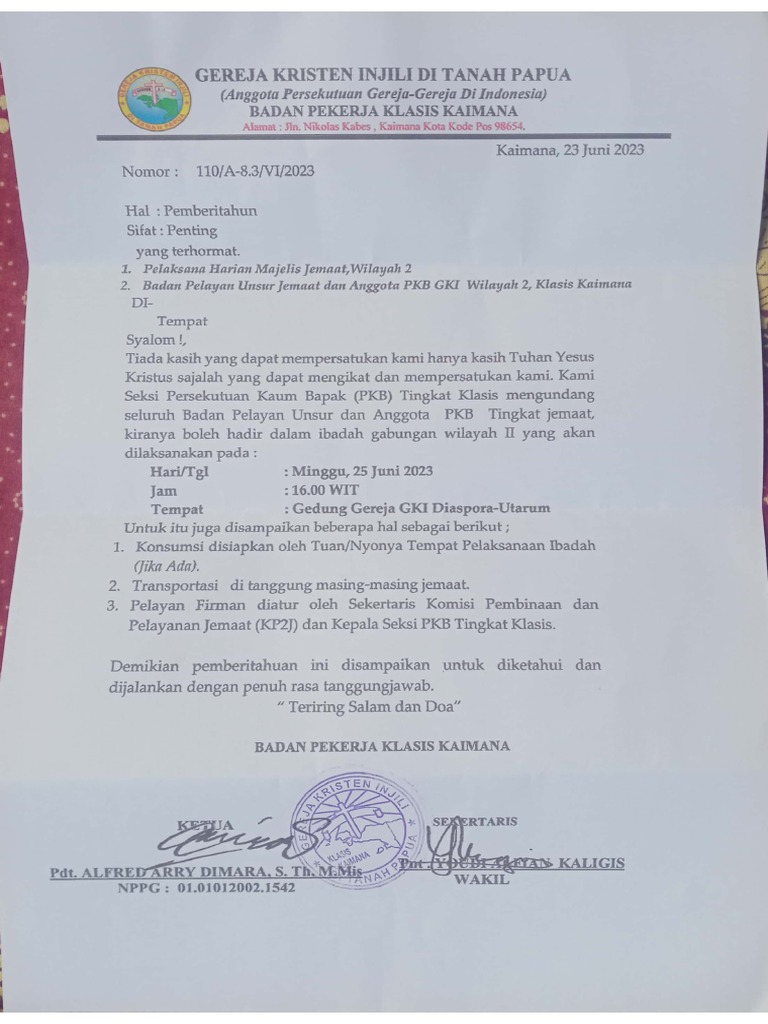 Surat Pemberitahuan Ibadah PKB Wilayah 2 | PDF