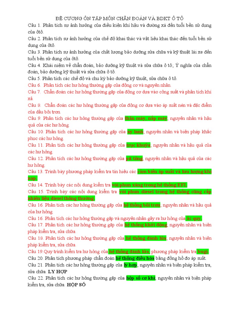 ĐỀ CƯƠNG CD BDKT Ô TÔ 27 | PDF