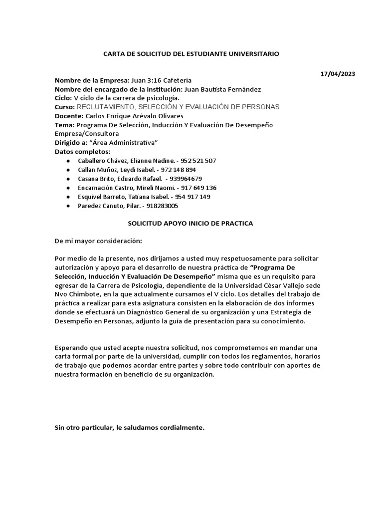 CARTA DE SOLICITUD DEL ESTUDIANTE UNIVERSITARIO | PDF