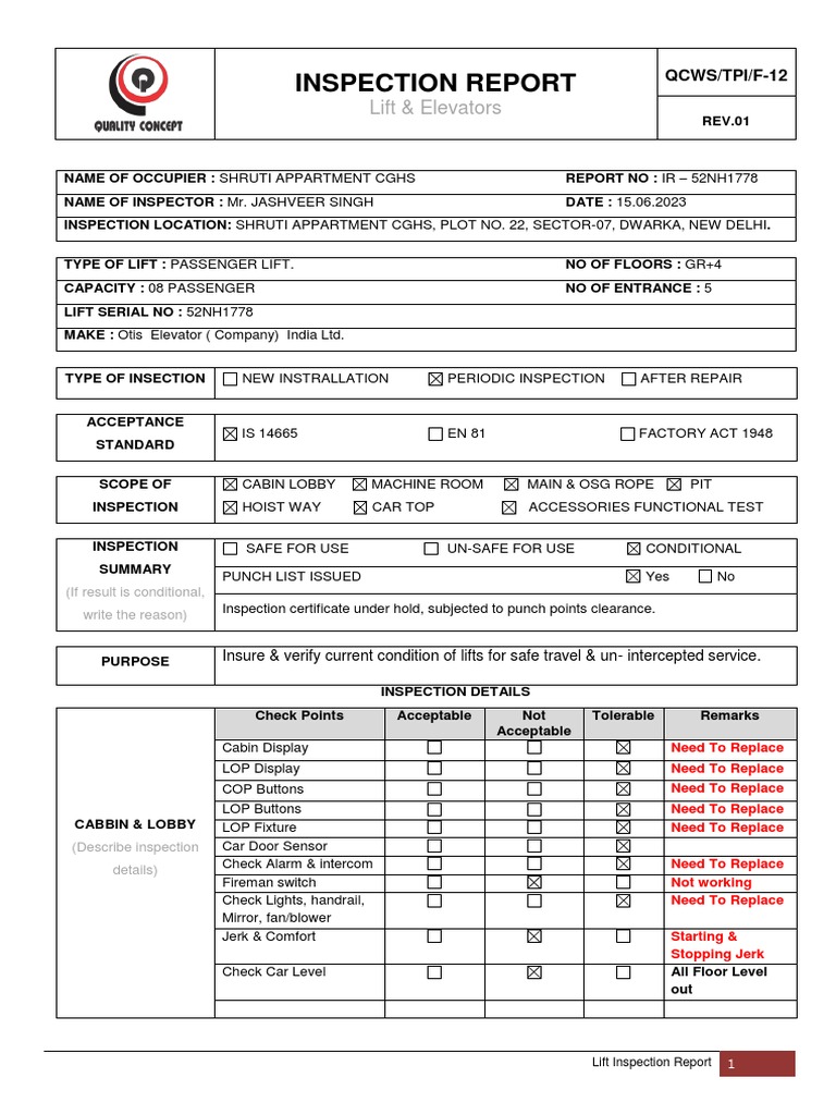 Passenger Lift Inspection Report | PDF | Elevator | Mechanical Engineering