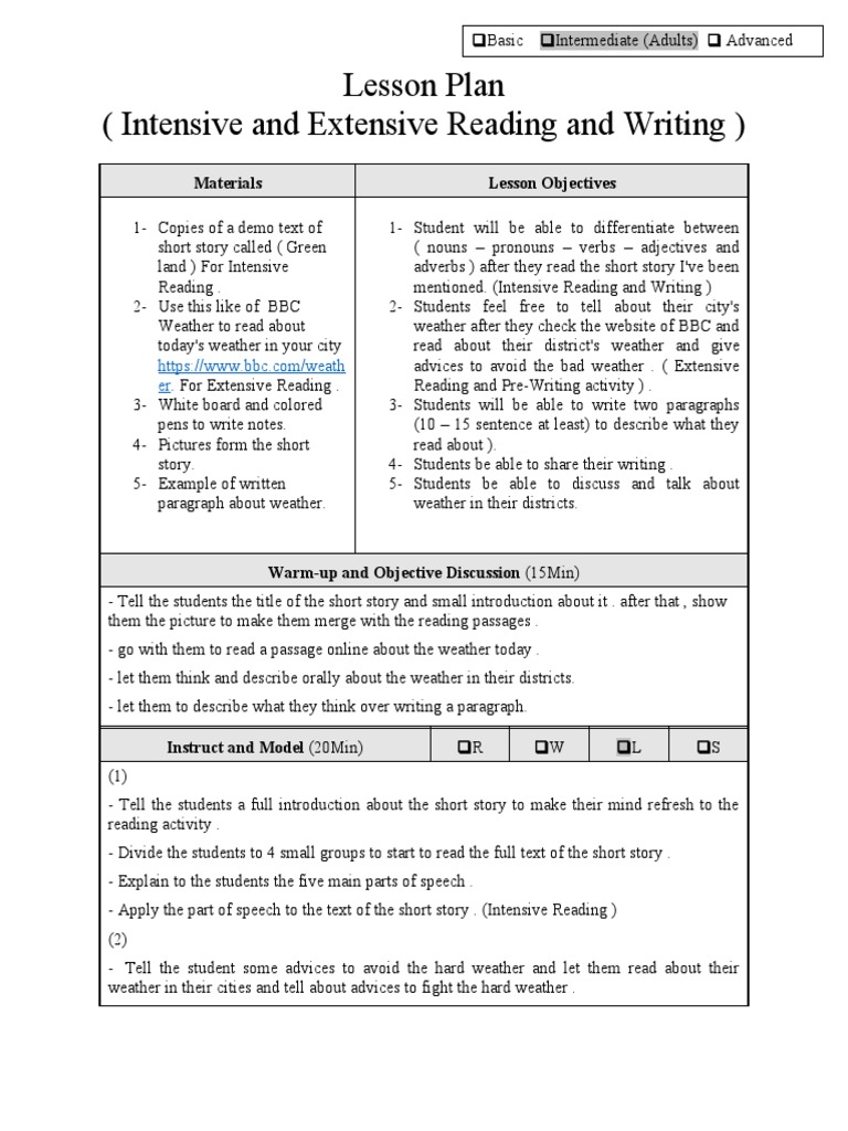 (Intensive and Extensive Reading & Writing) Lesson Plan | Download Free ...