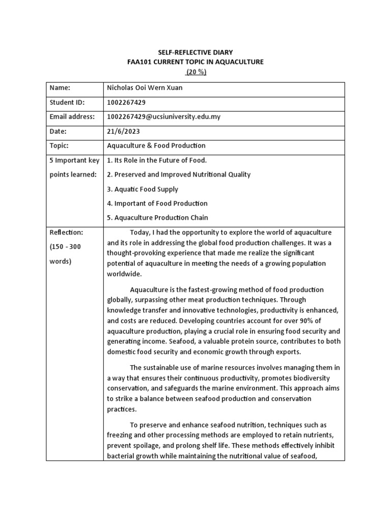 Reflective Diary 3 | PDF | Aquaculture | Food Security