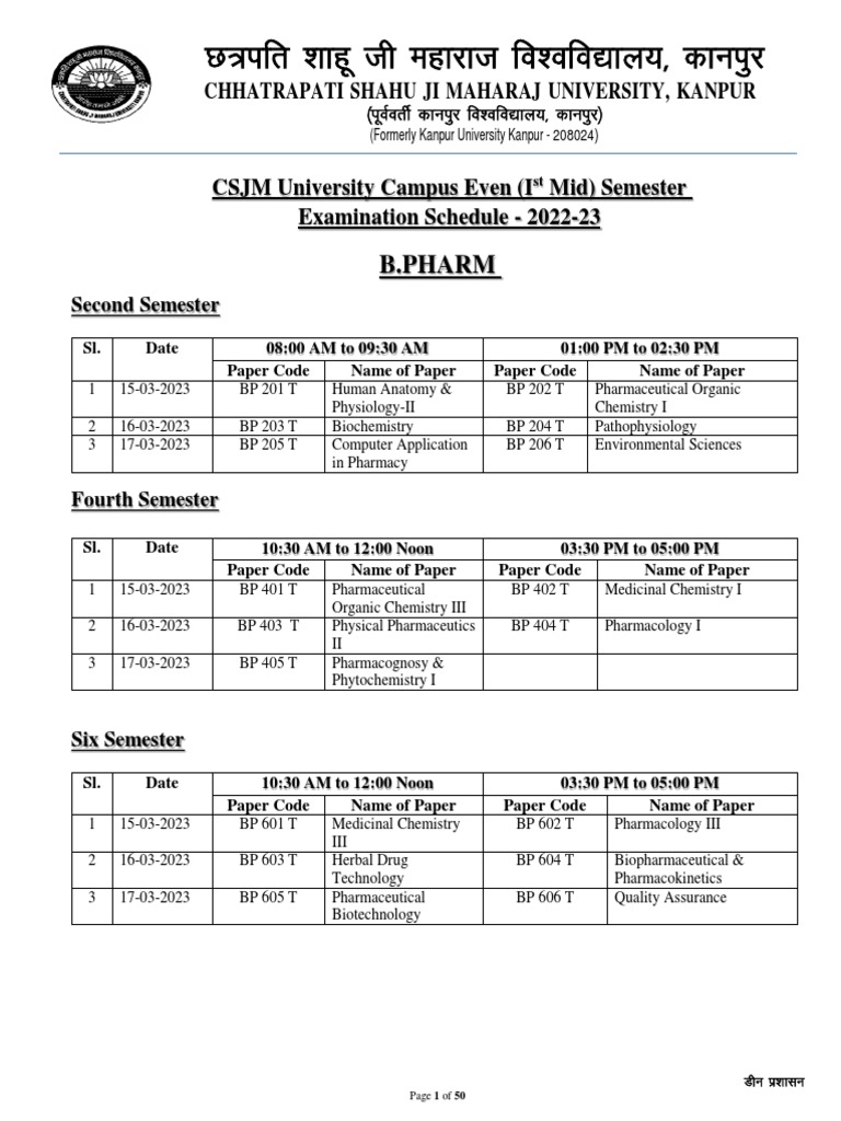Even 1st Mid - Sem - Schedule - Final 2022-23 | PDF | Pharmacology | Equations