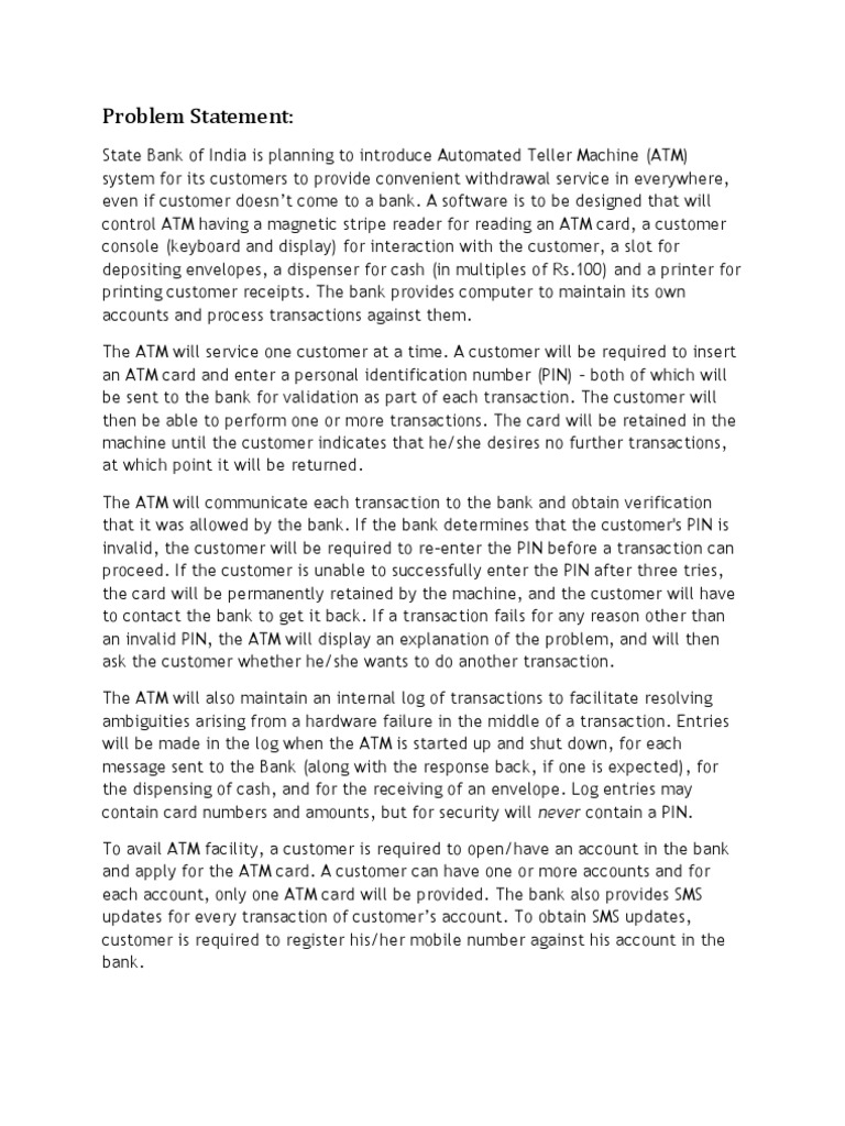 ATM Problem Statement | PDF | Automated Teller Machine | Personal ...