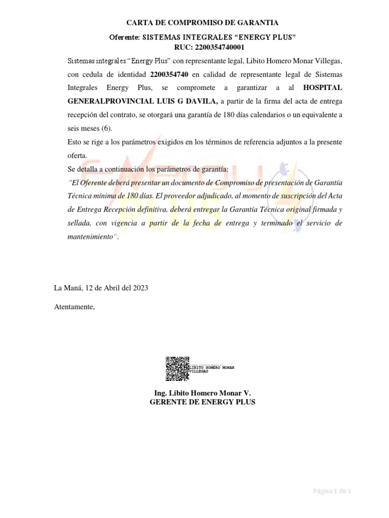 CARTA DE COMPROMISO DE GARANTIA | PDF