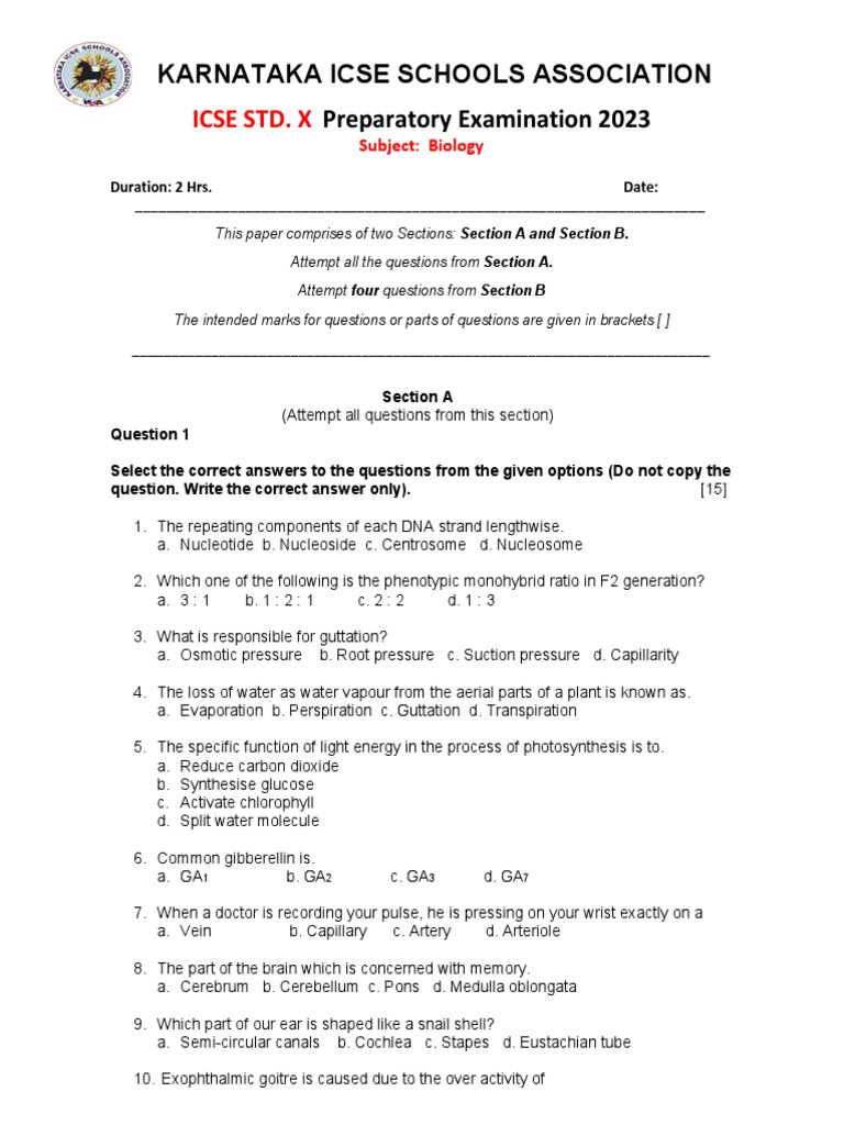 Biology KISA Preparatory Paper 2023 | PDF | Biology | Physiology