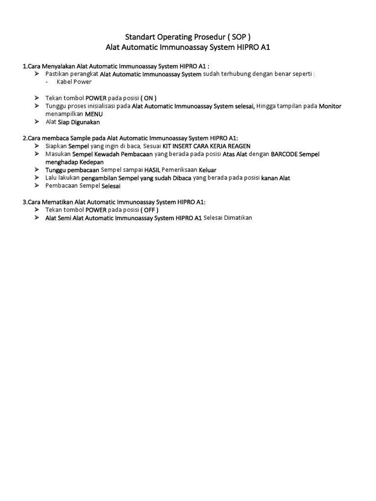 Standart Operating Prosedur Hipro A1 | PDF