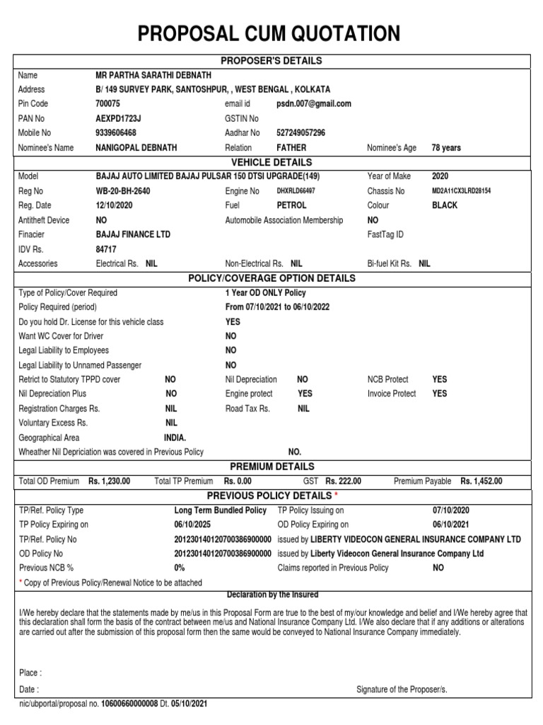 Proposal Cum Quotation: Proposer'S Details | PDF | Insurance | Vehicles